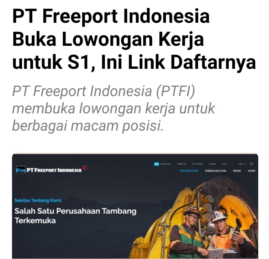 PT. FREEPORT INDONESIA BUKA BANYAK LOWONGAN KERJA UNTUK S-1 – CDC UNAS